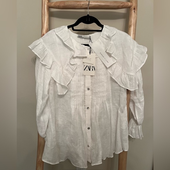 Zara | Tops | Nwt Zara White Linen Ruffle Top | Poshmark